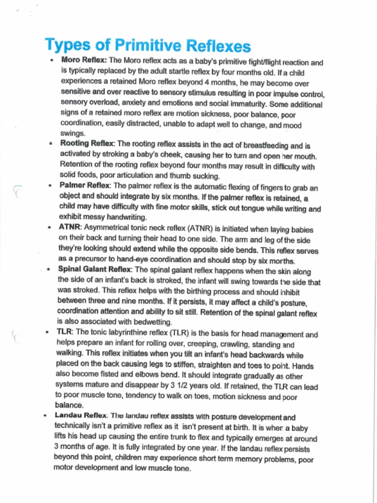 Types of Primitive Reflexes | PDF