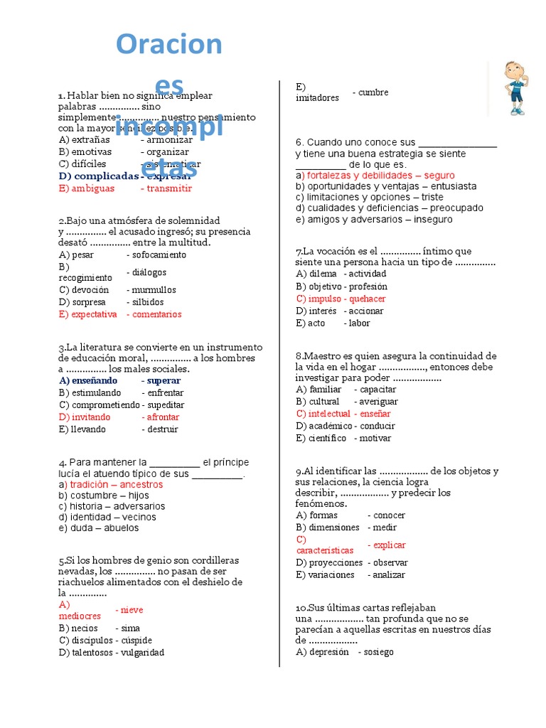 Ejercicio DE ORACIONES INCOMPLETAS | PDF