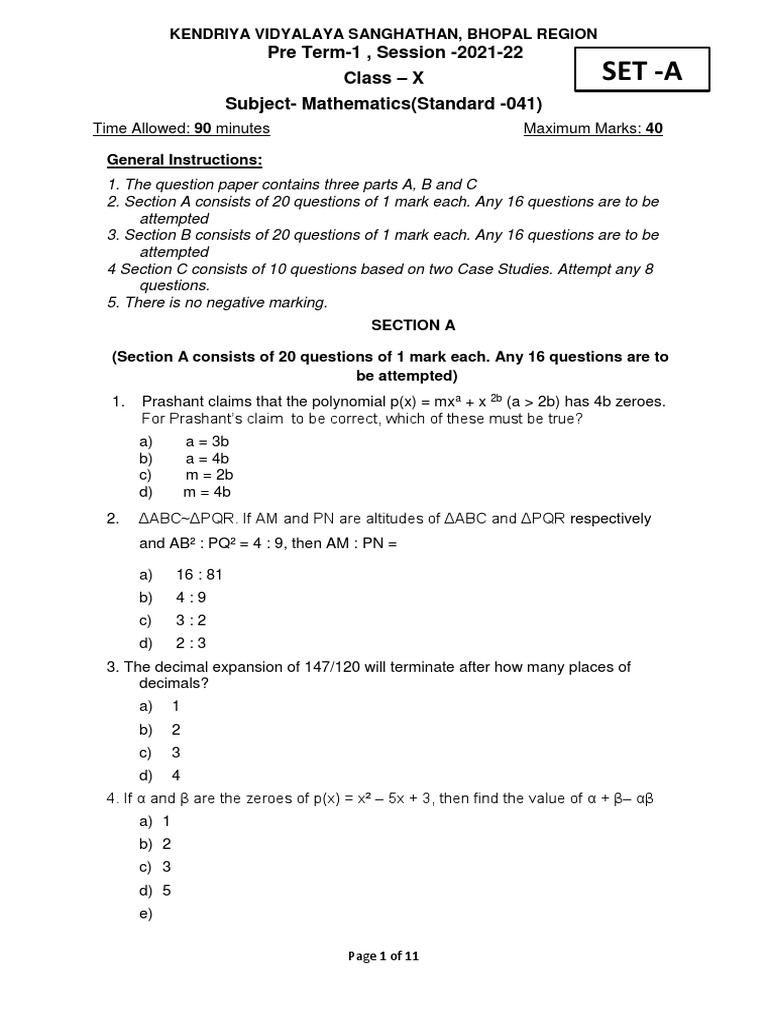 Maths Standard 1 Q P Set-1 | PDF | Area | Mathematics