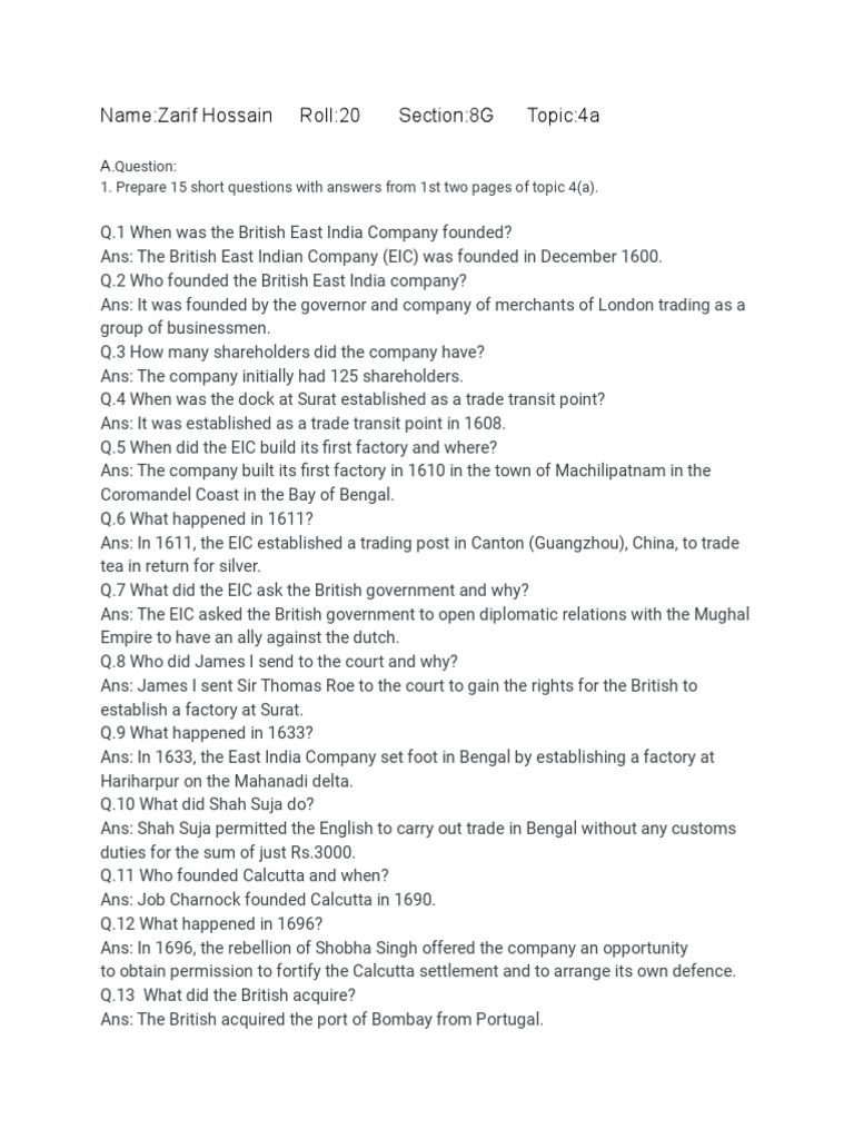 Name:Zarif Hossain Roll:20 Section:8G Topic:4a | PDF | East India ...