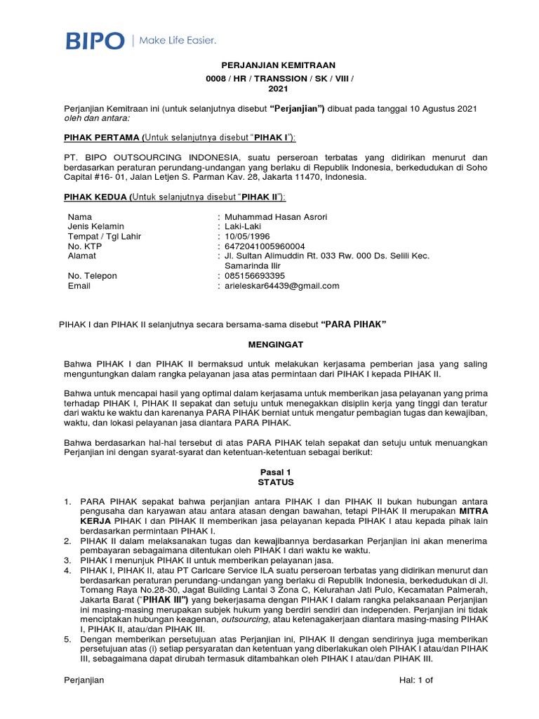 Perjanjian Kemitraan PT BIPO | PDF | Bisnis | Hukum