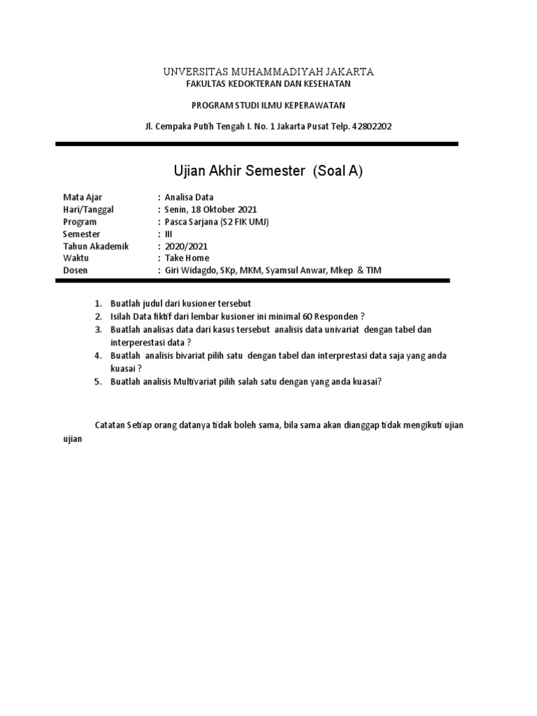 Soal Analisa Data S2 D (2021-2021) | PDF