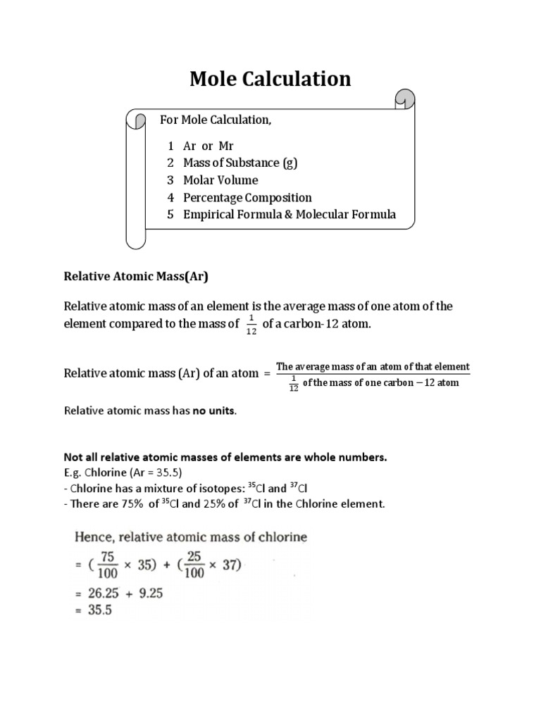 Mole Calculation: Relative Atomic Mass (Ar) | PDF | Mole (Unit) | Molecules