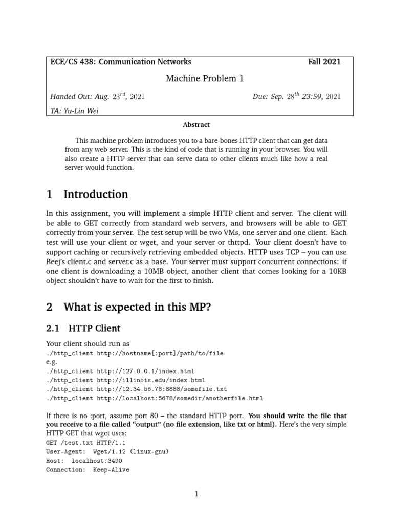 Machine Problem 1: ECE/CS 438: Communication Networks Fall 2021 | PDF ...