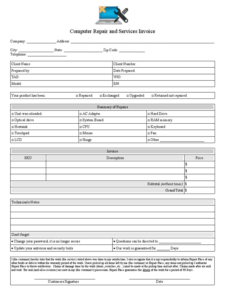 Computer Repair Invoice Template | PDF | Personal Computing | Computer ...