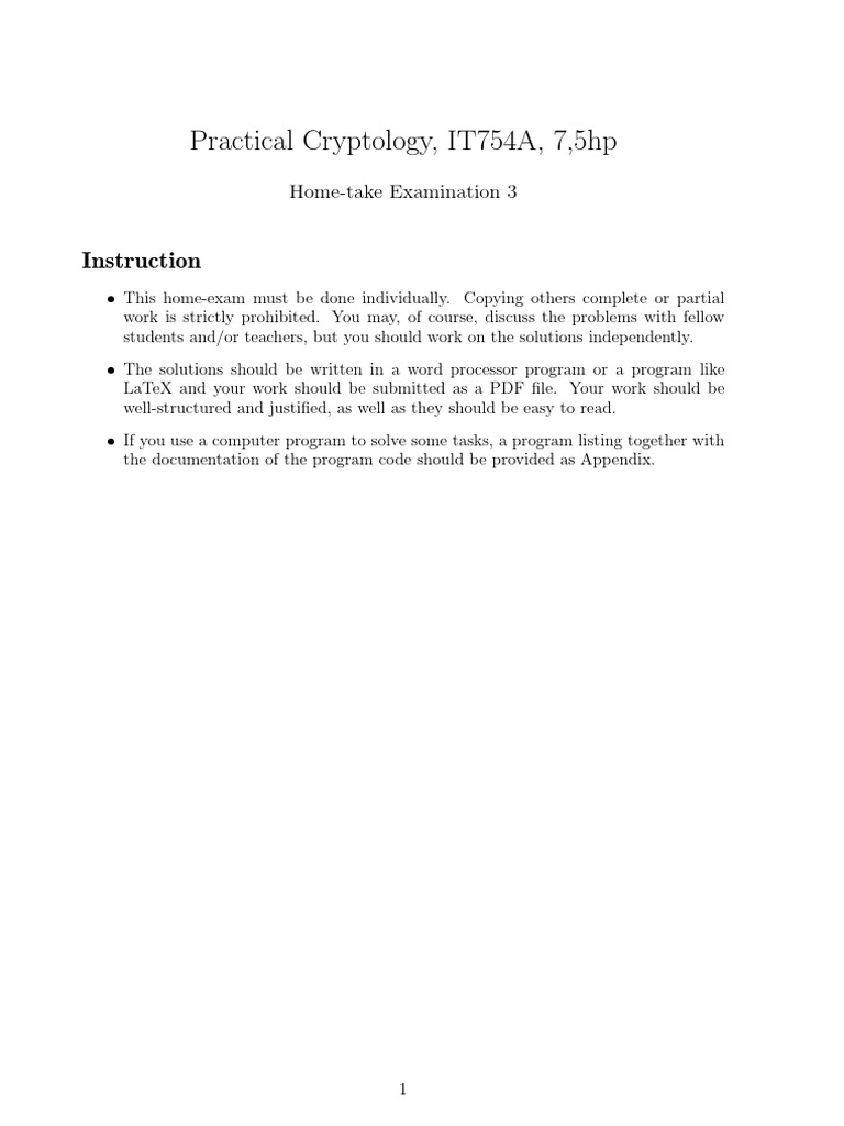 Practical Cryptology, IT754A, 7,5hp: Instruction | Descargar gratis PDF | Encryption | Cryptography