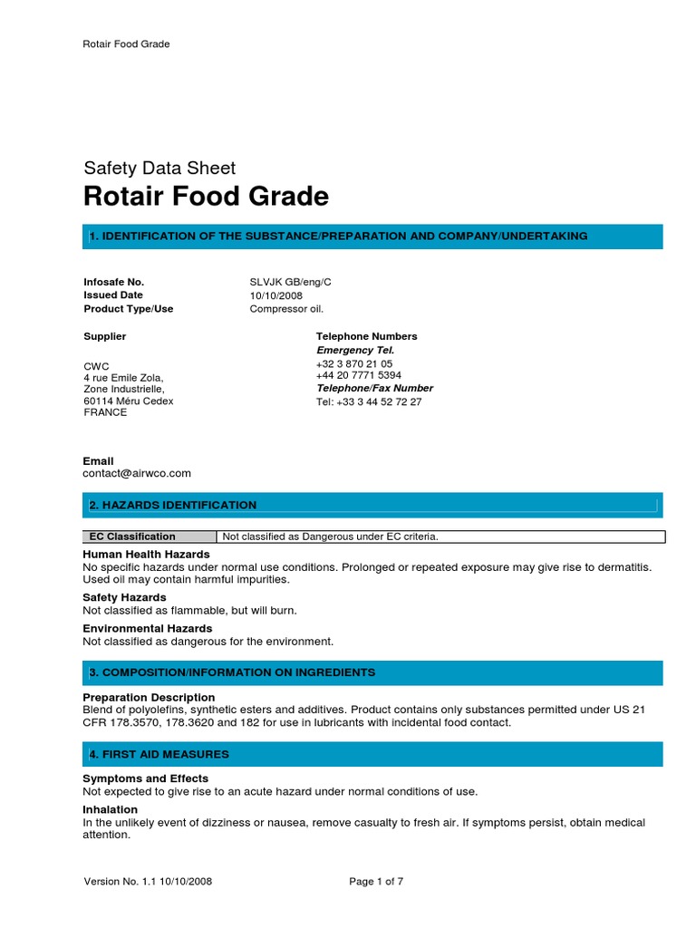 Rotair Food Grade Safety | PDF | Dangerous Goods | Personal Protective ...