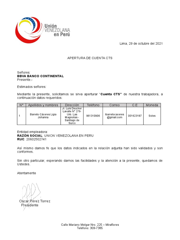 Carta Apertura de Cta CTS | PDF