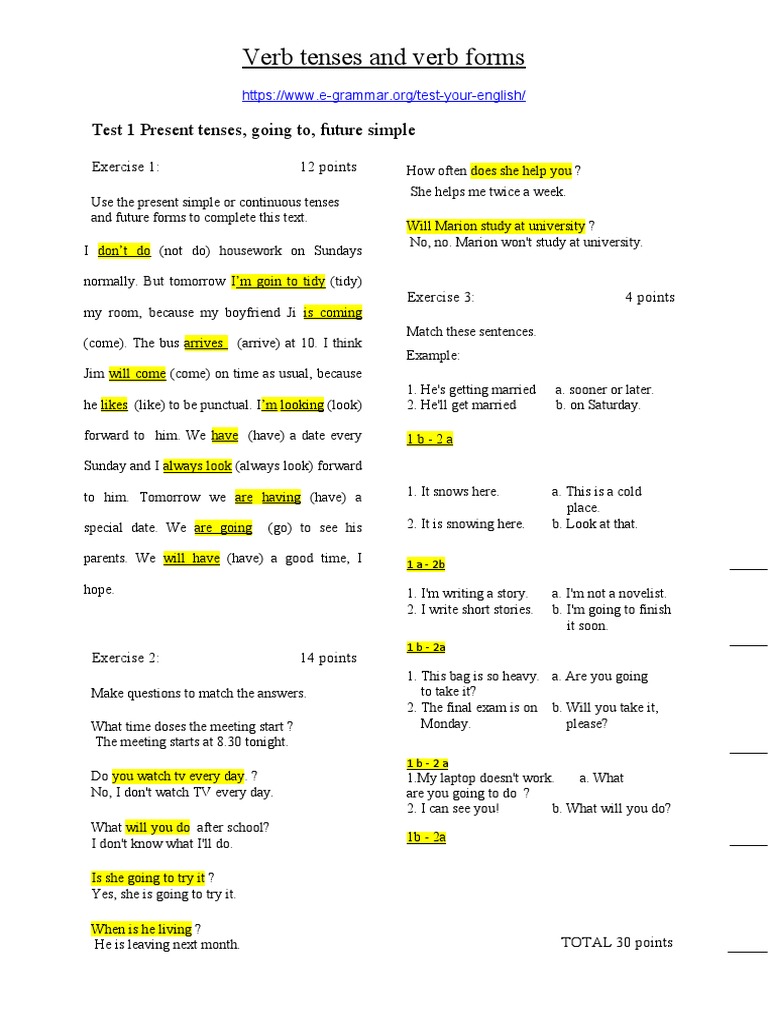 Verb Tenses and Verb Forms: Test 1 Present Tenses, Going To, Future ...