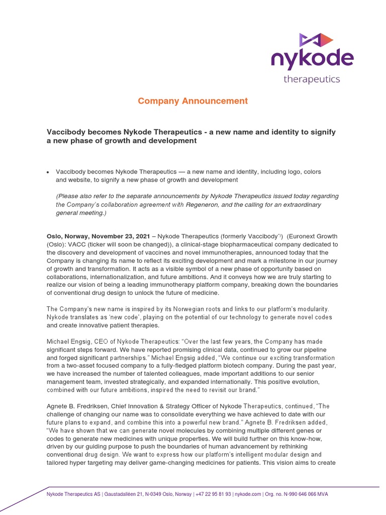 Vaccibody Becomes Nykode Therapeutics | PDF | Cancer | Antigen