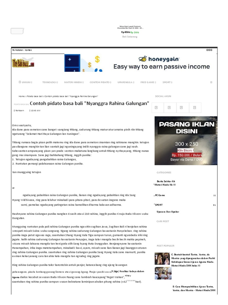 Contoh Pidato Basa Bali - Nyanggra Rahina Galungan | PDF