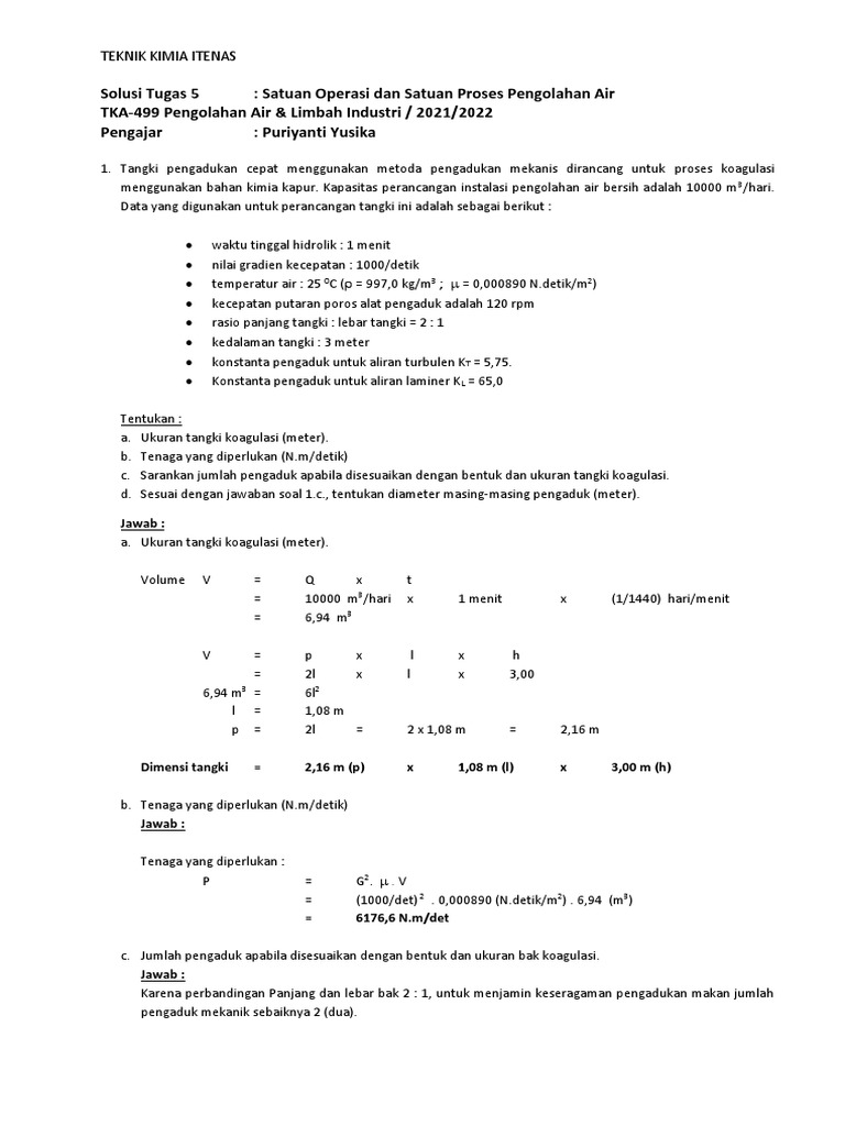Solusi Tugas 5 Satuan Operasi Dan Satuan Proses Pengolahan Air | PDF