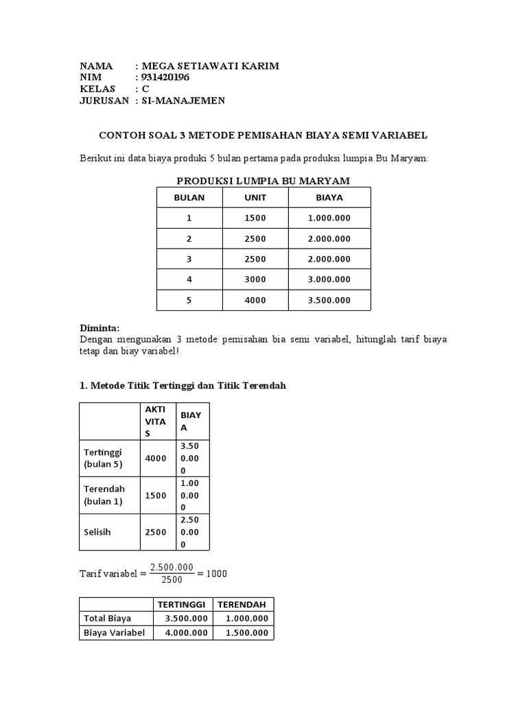 Contoh Soal 3 Metode Pemisahan Biaya Semi Variabel-1 | PDF