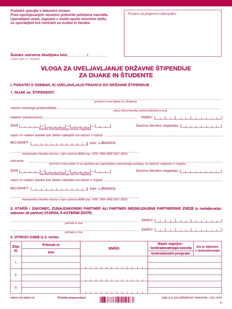 Vloga Za Uveljavljanje Drzavne Stipendije Za Dijake in Studente | PDF