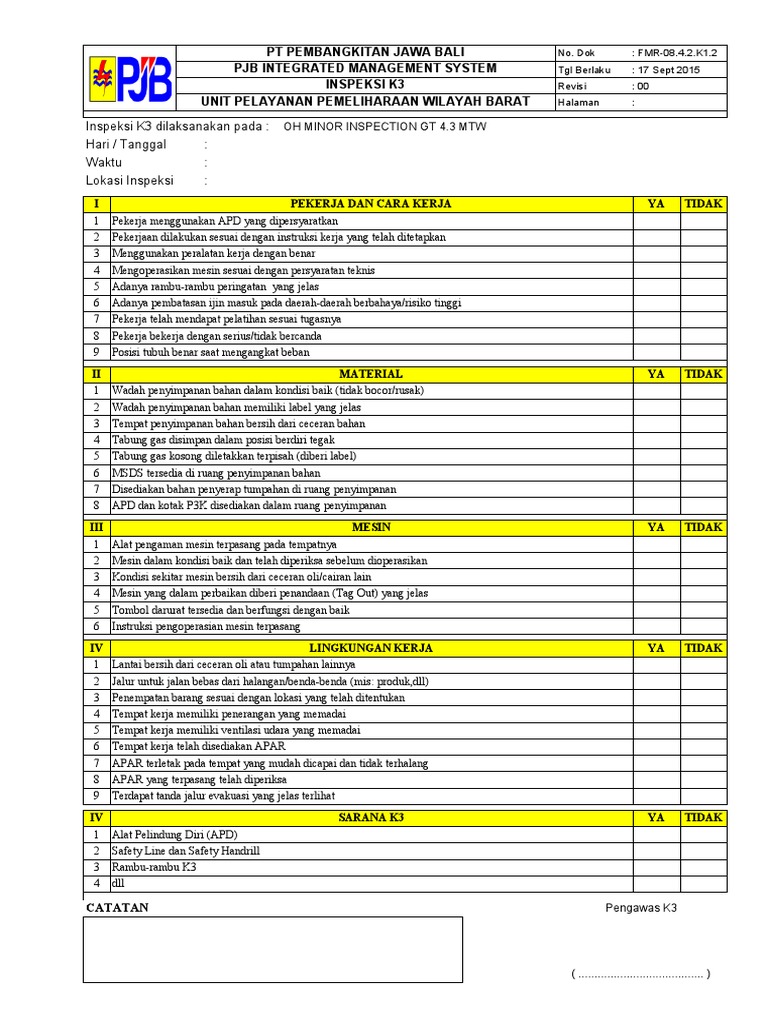 Form Inspeksi k3 | PDF