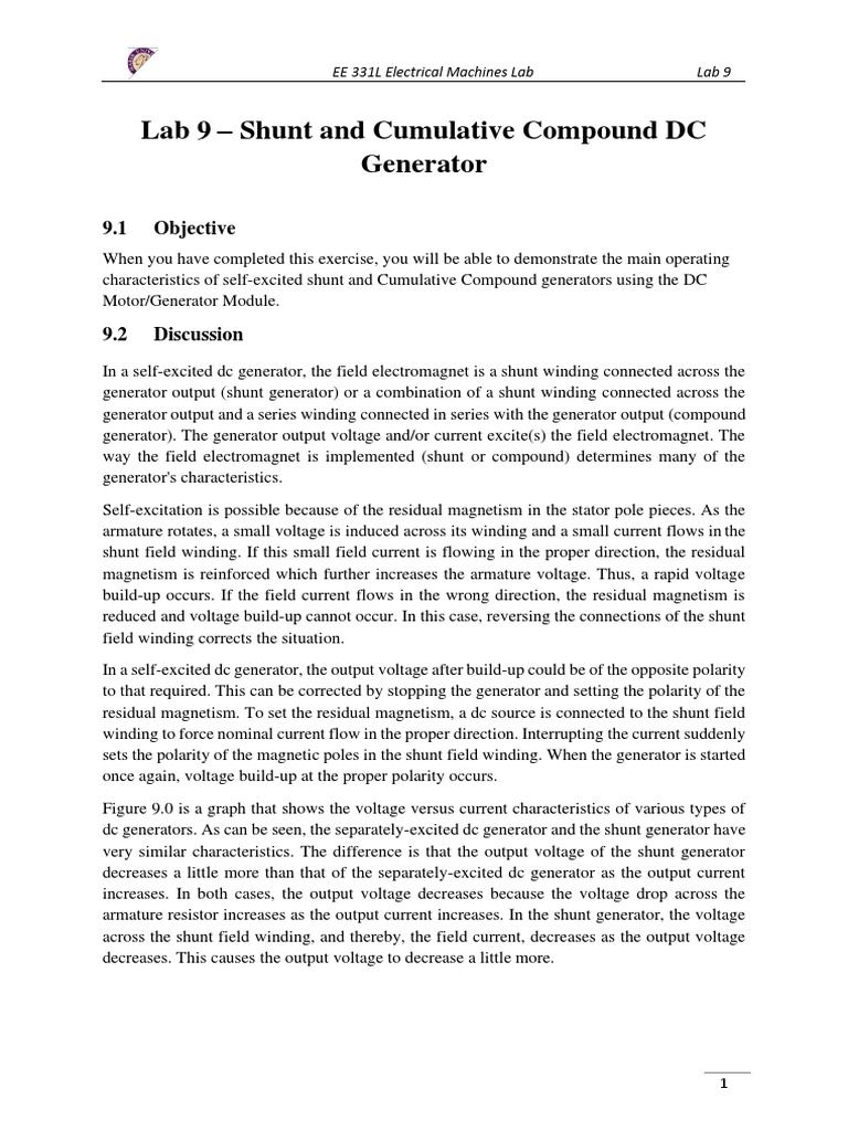 Lab9 - Shunt and Cumulative Compound DC Generators | PDF | Electric ...