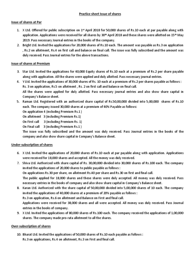 Practice Sheet Issue of Shares | PDF | Investing | Financial Services
