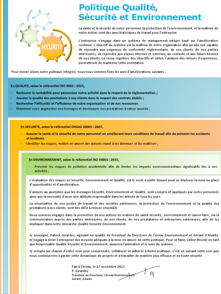 Politique Intégrée QHSE de l'Entreprise | PDF | Sécurité ...