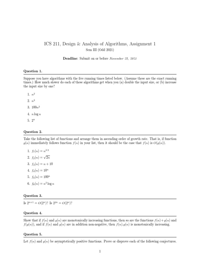 ICS 211, Design & Analysis of Algorithms, Assignment 1 | PDF | Mathematical Logic | Algorithms