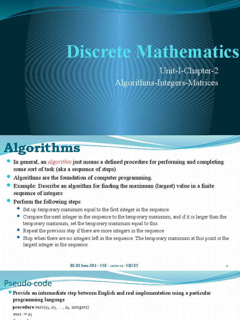 Discrete Mathematics: Unit-I-Chapter-2 Algorithms-Integers-Matrices | PDF | Public Key ...