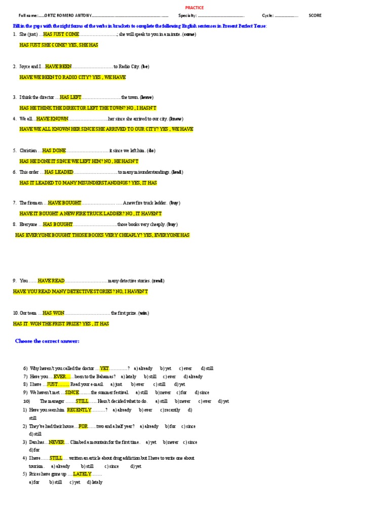 Practice New Present Perfect Tense | PDF | Syntax | Languages