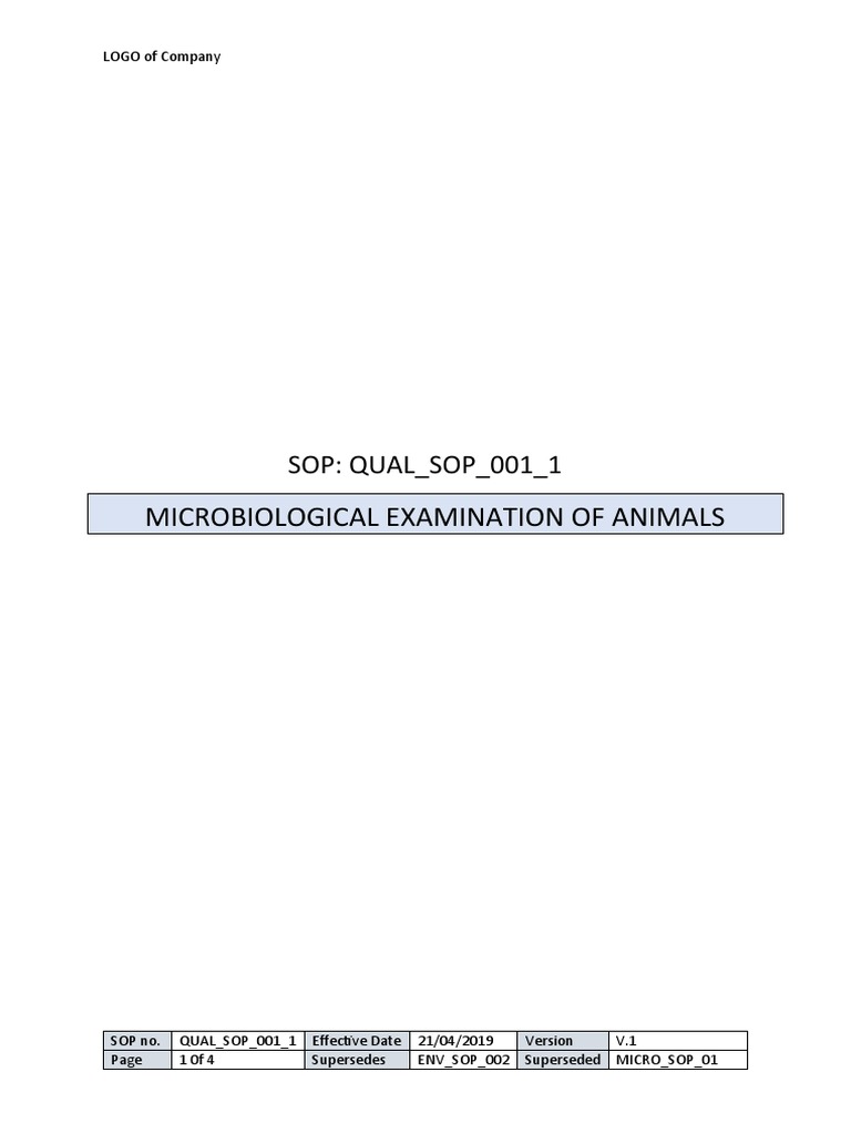 Microbiological Examination of Animals: SOP: QUAL - SOP - 001 - 1 | PDF ...