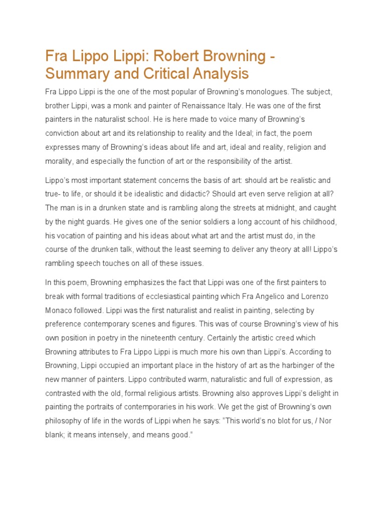 Fra Lippo Lippi: Robert Browning - Summary and Critical Analysis | PDF ...