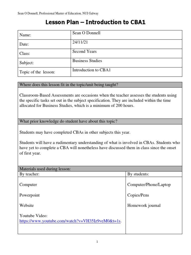 Lesson Plan - Introduction To Cba1 | PDF | Lesson Plan | Teachers