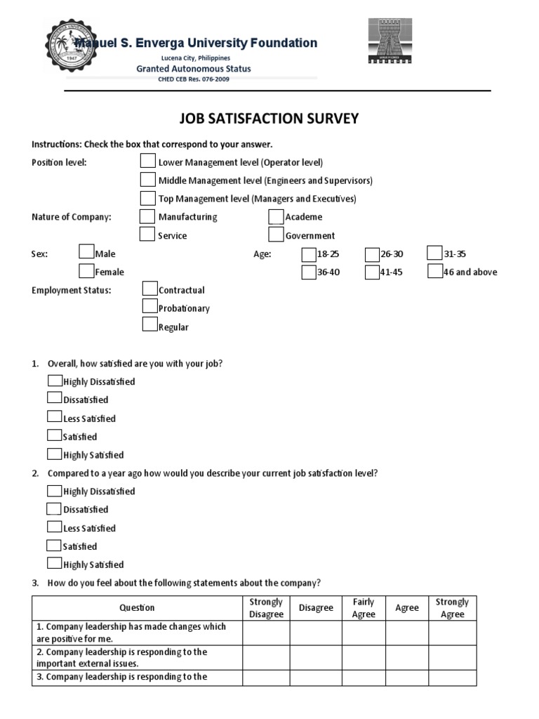 Job Satisfaction Survey | PDF | Job Satisfaction | Leadership