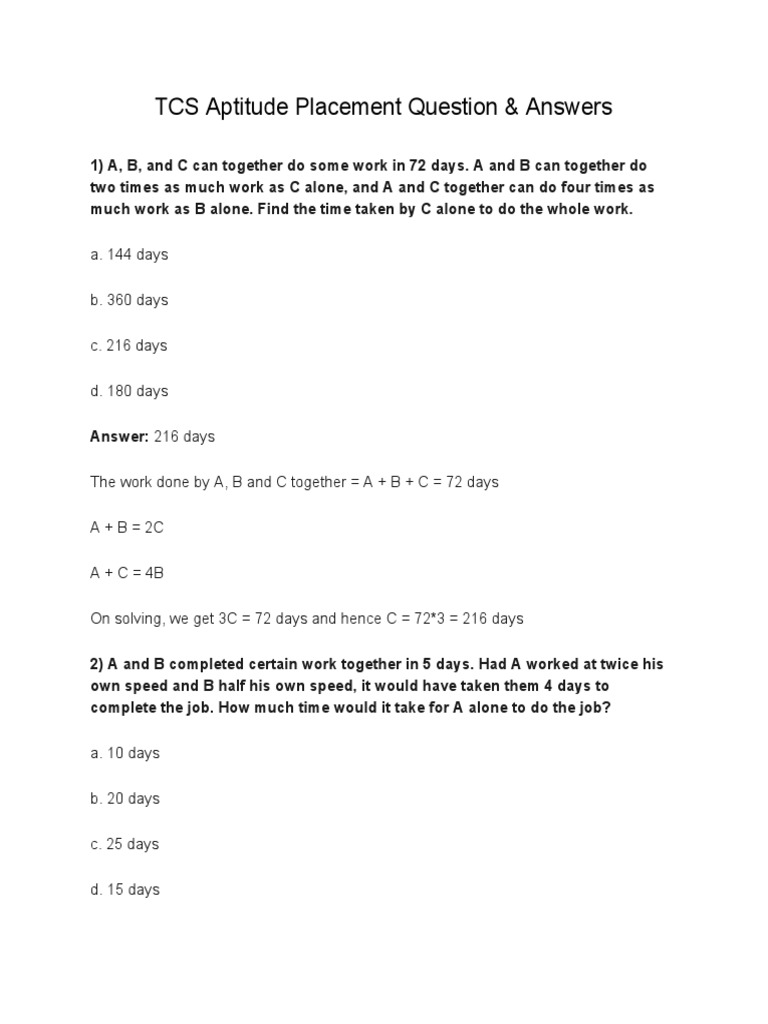 TCS Aptitude Placement Questions and Answers | PDF