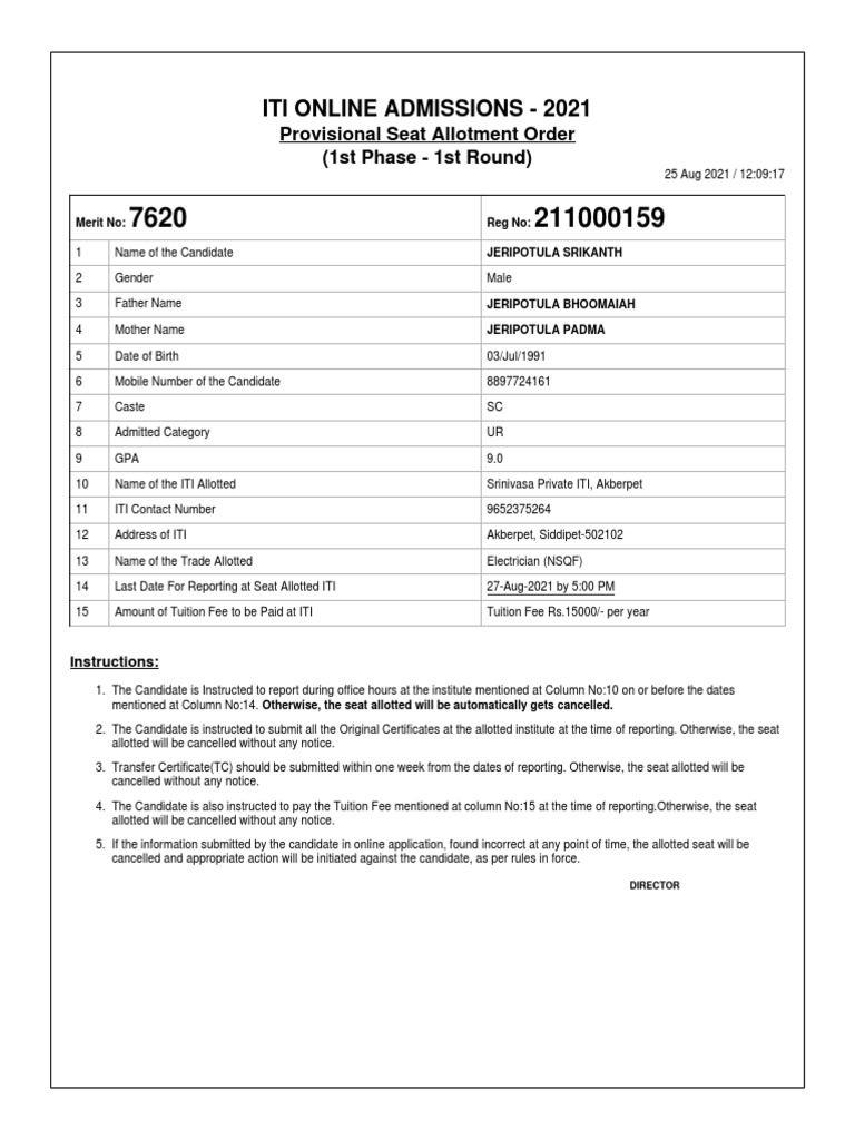 Provisional Seat Allotment Order 211000159 | PDF