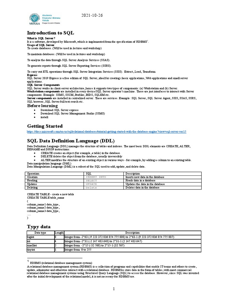 Introduction To Sql Pdf Relational Database Microsoft Sql Server
