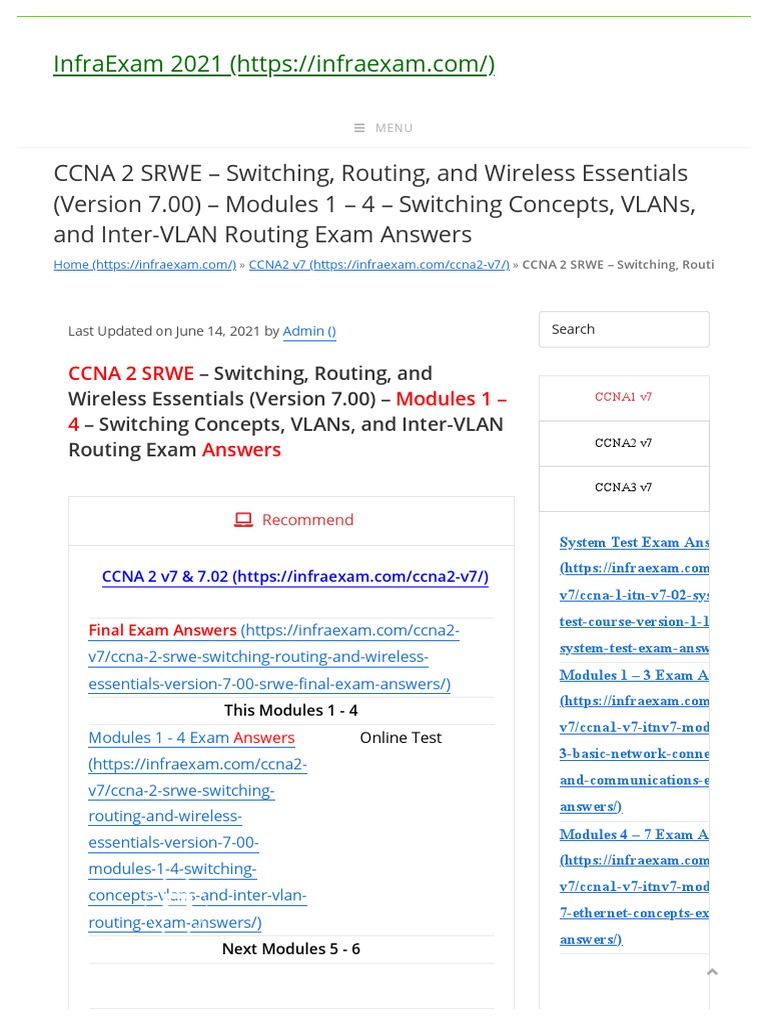 CCNA 2 SRWE - Switching, Routing, and Wireless Essentials (Version 7.00) - Modules 1 - 4 ...