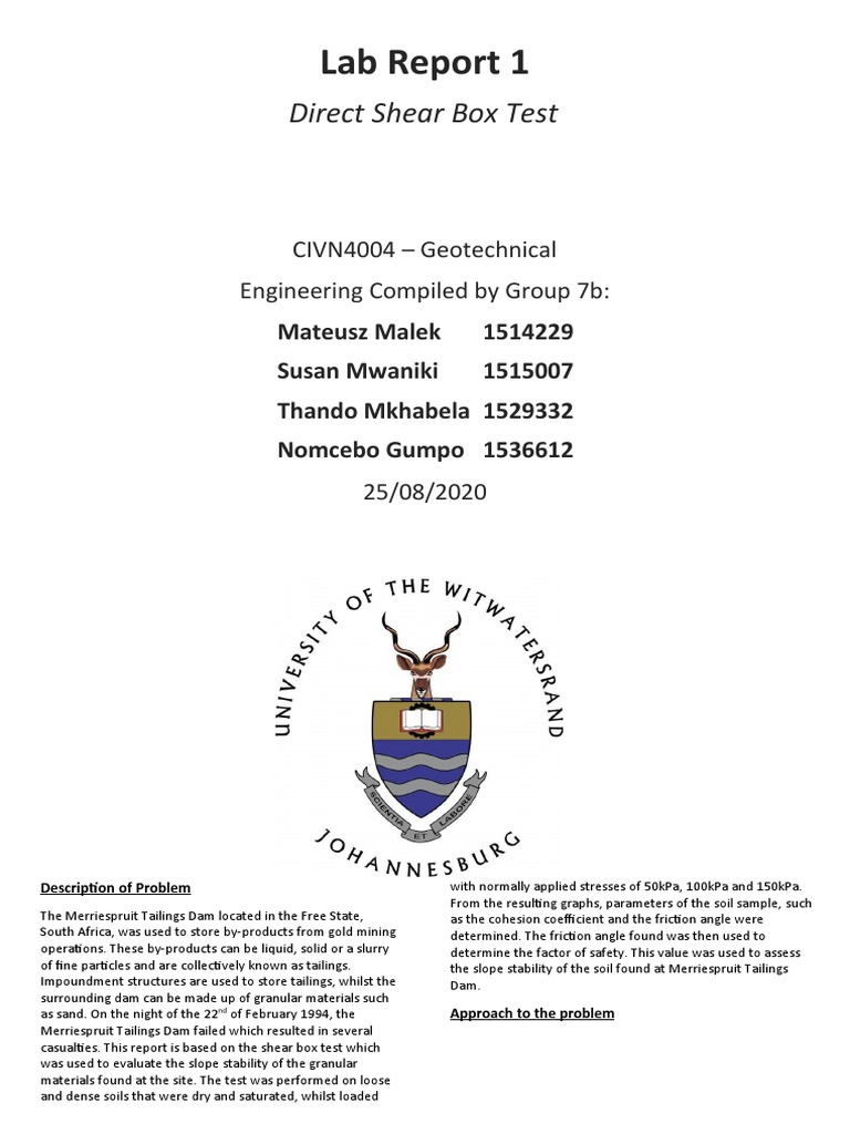 Lab Report 1: Direct Shear Box Test | PDF | Geotechnical Engineering ...