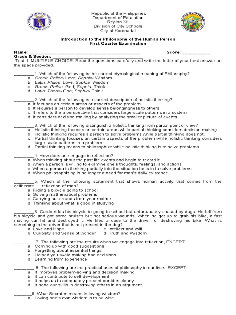 1st Quarter Philo Exam | PDF | Thought | Waste