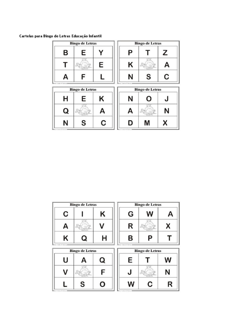 Cartelas para Bingo de Letras Educação Infantil | PDF