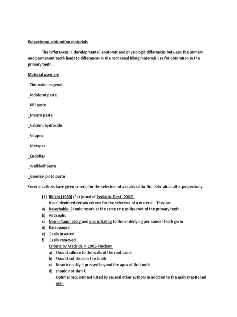 Pulpectomy Obturation Materials Overview | PDF | Human Tooth | Mouth