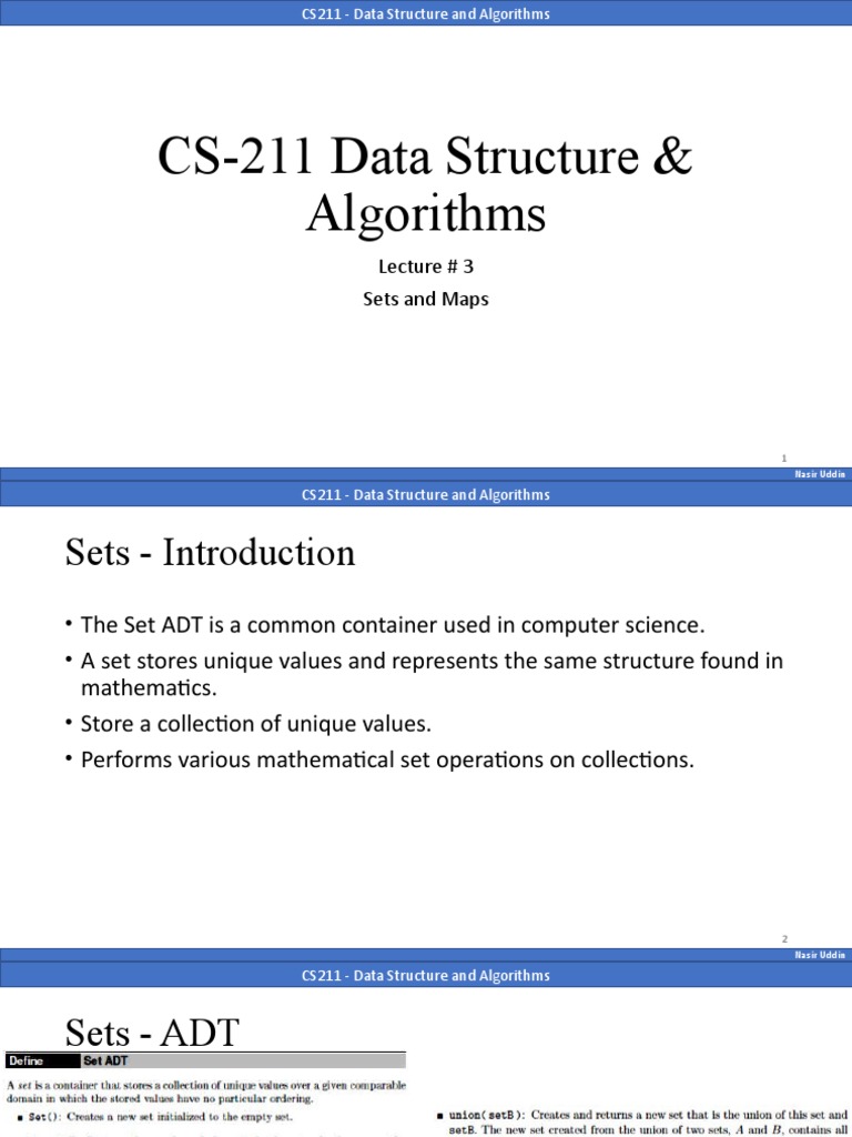 CS-211 Data Structure & Algorithms: Lecture # 3 Sets and Maps | PDF | Array Data Structure ...