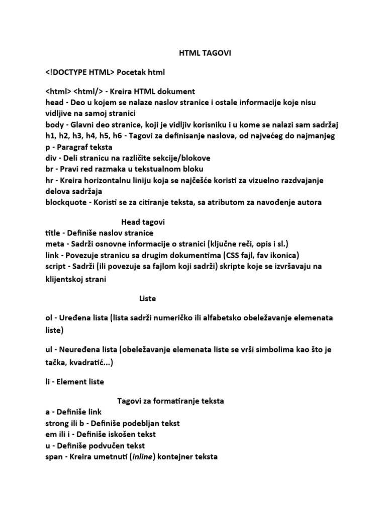 HTML TAGOVI Srpski Prevod | PDF