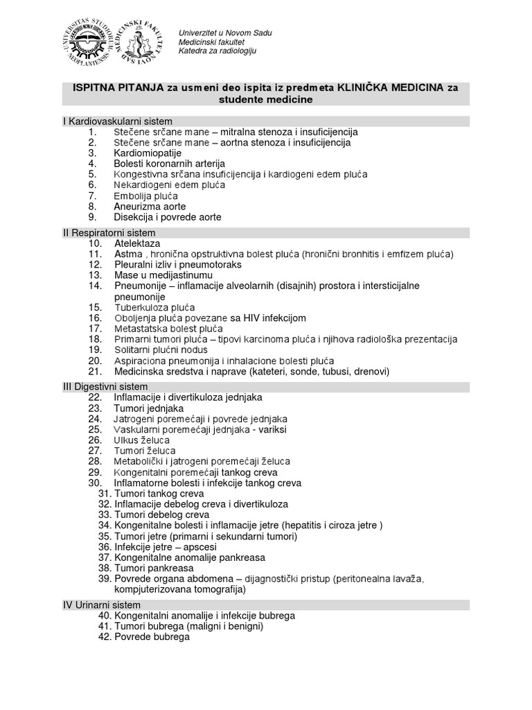 Ispitna Pitanja Klinicka Radiologija 2021 | PDF