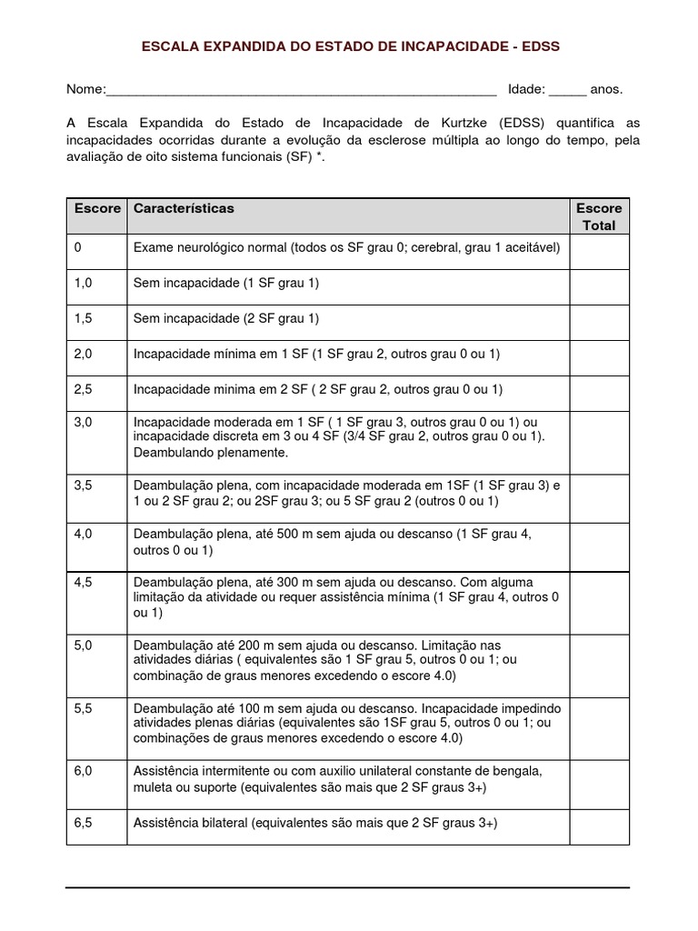 EDSS - Escala de Deficiência Esclerose Multipla | PDF | Neurociência ...