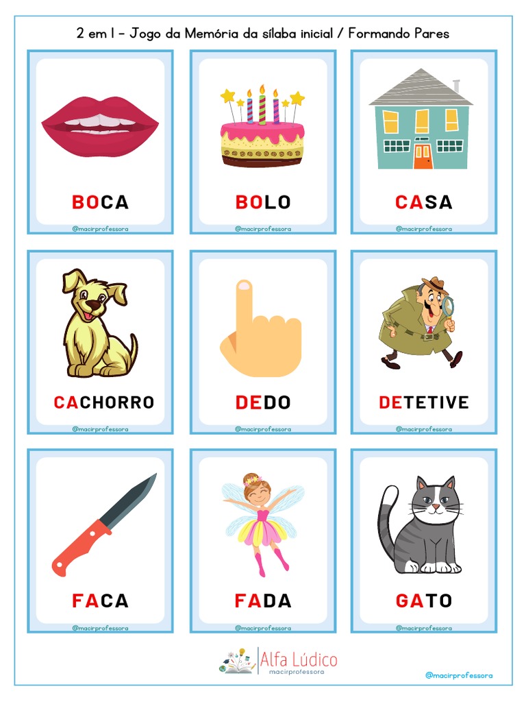 2 em 1 Jogo Da Memória Da Sílaba Inicial e Fomando Pares | PDF