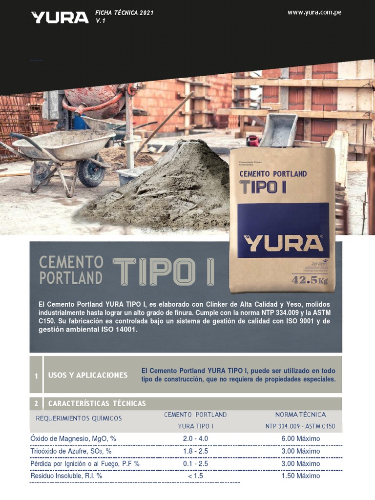 Ficha Tecnica Cemento Portland Tipo I 2021 | PDF | Cemento | Ingeniero civil