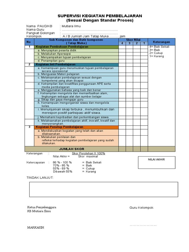 Supervisi Kegiatan Pembelajaran TK Paud 2018 - Linkpaud-Dikonversi | PDF