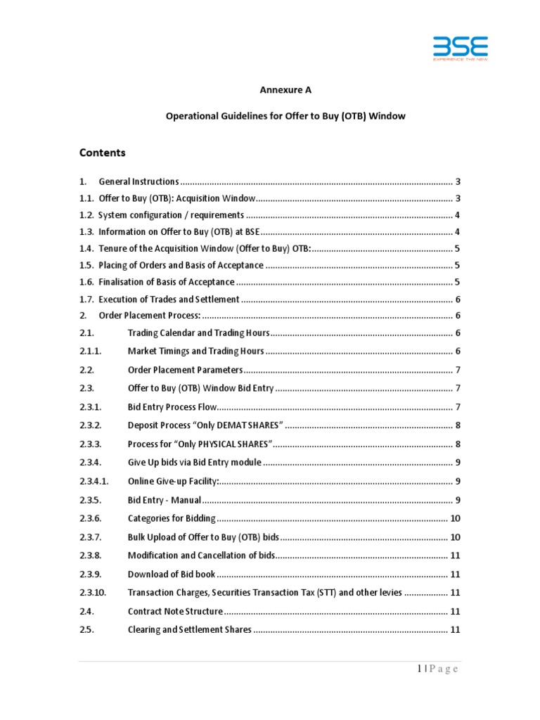 Guidelines for Using BSE's Offer to Buy Window for Acquisitions under ...