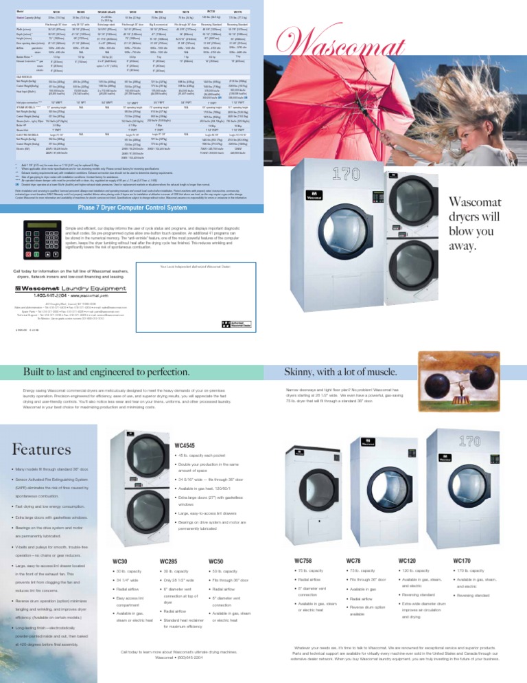 Wascomat Specifications Driers WC30 WC285 WC4545 WC50 WC758 WC78 WC120 ...