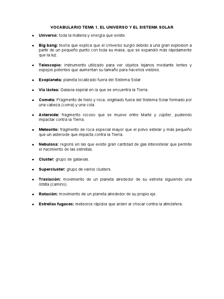 Vocabulario Tema 1. El Universo y El Sistema Solar | PDF | Ciencia y ...
