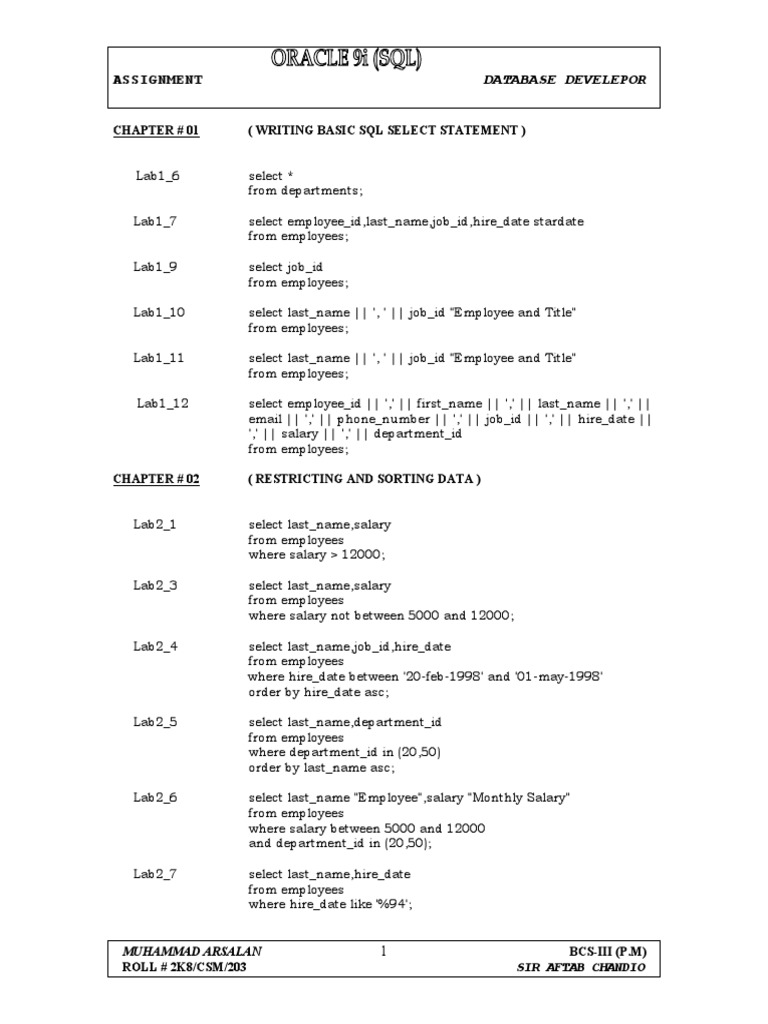 Assignment Database Develepor Chapter 01 Writing Basic Sql Select Statement Pdf