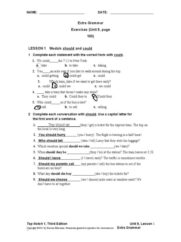 Extra Grammar Exercises (Unit 9, Page 100) : Top Notch 1, Third Edition | PDF