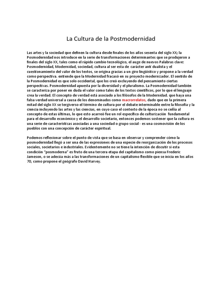 La Cultura de La Post Modernidad | PDF | Historia